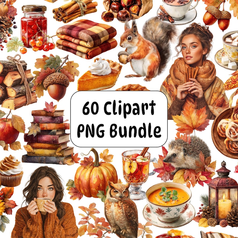 Autumn Watercolor Clipart PNG Bundle, Cozy Fall Graphics (commercial ...