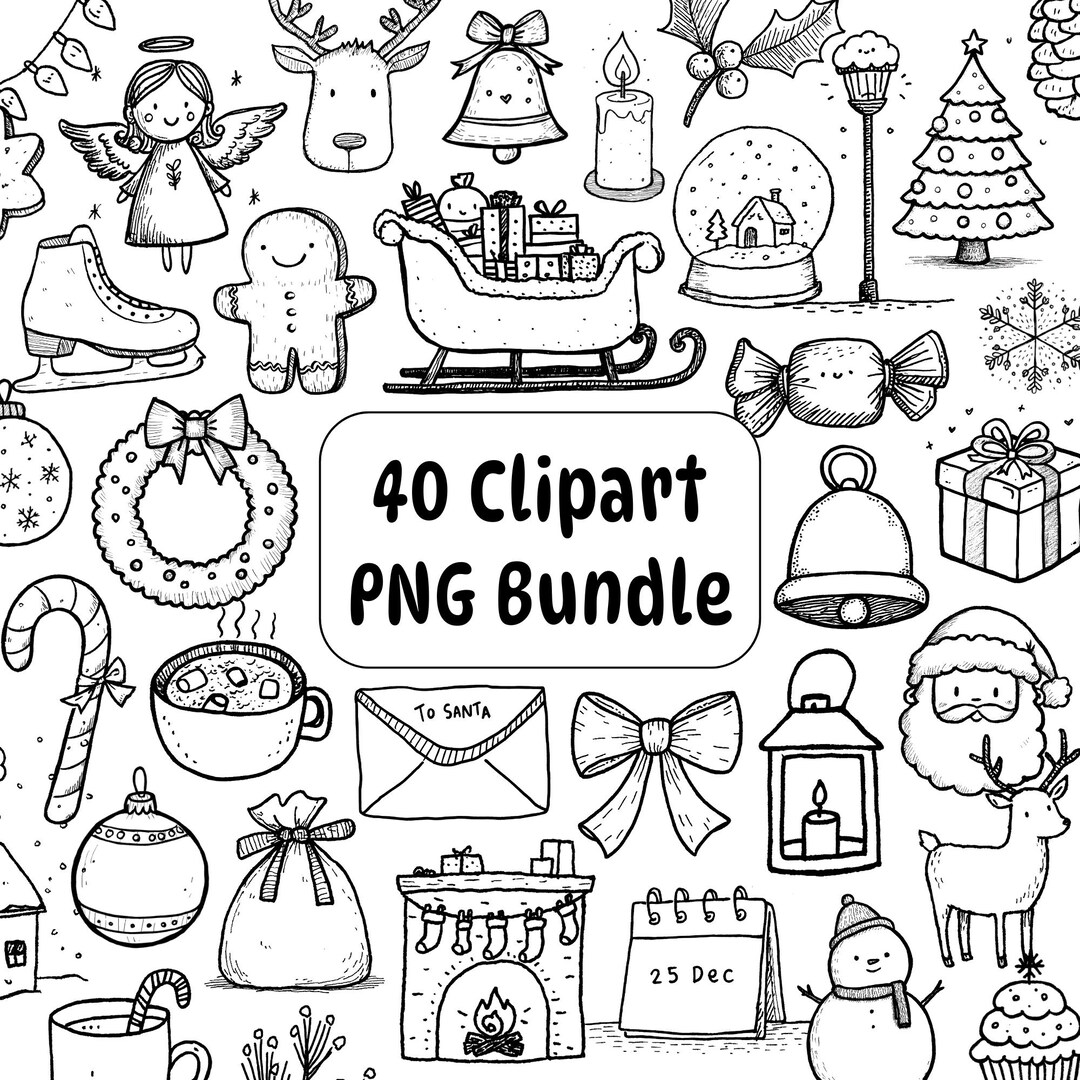 40 Christmas Doodle Clipart PNG Bundle, Hand Drawn Black and White Xmas ...