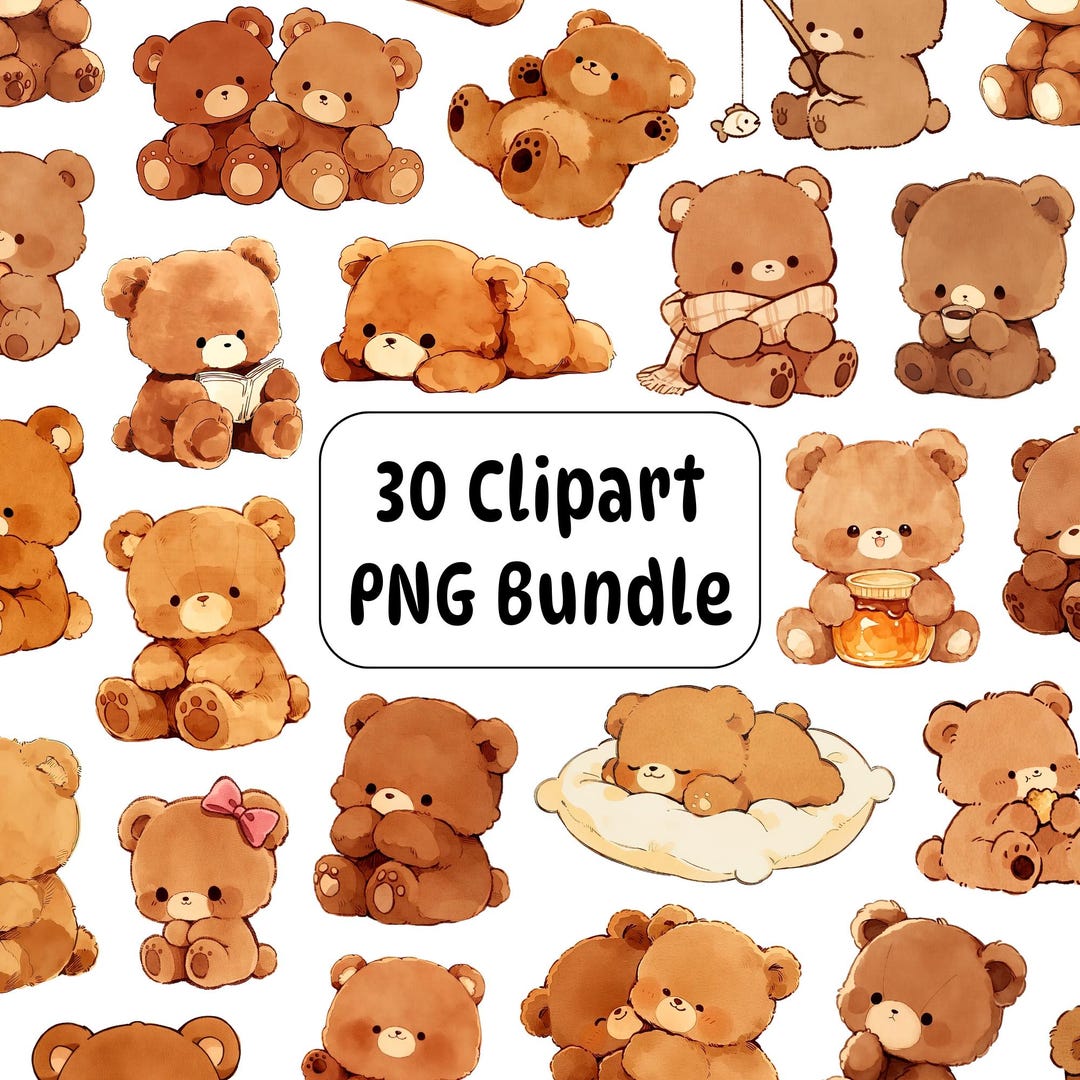 30 Watercolor Teddy Bear Clipart PNG Bundle, Kawaii Bears, Baby Nursery ...