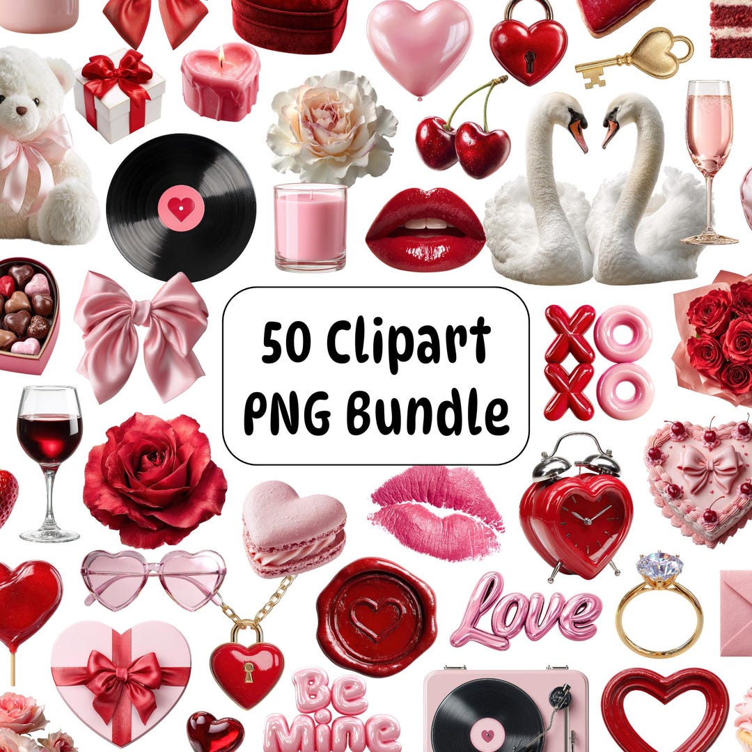 50 Valentine’s Day Clipart PNG Bundle, Romantic Love Elements, Hearts ...