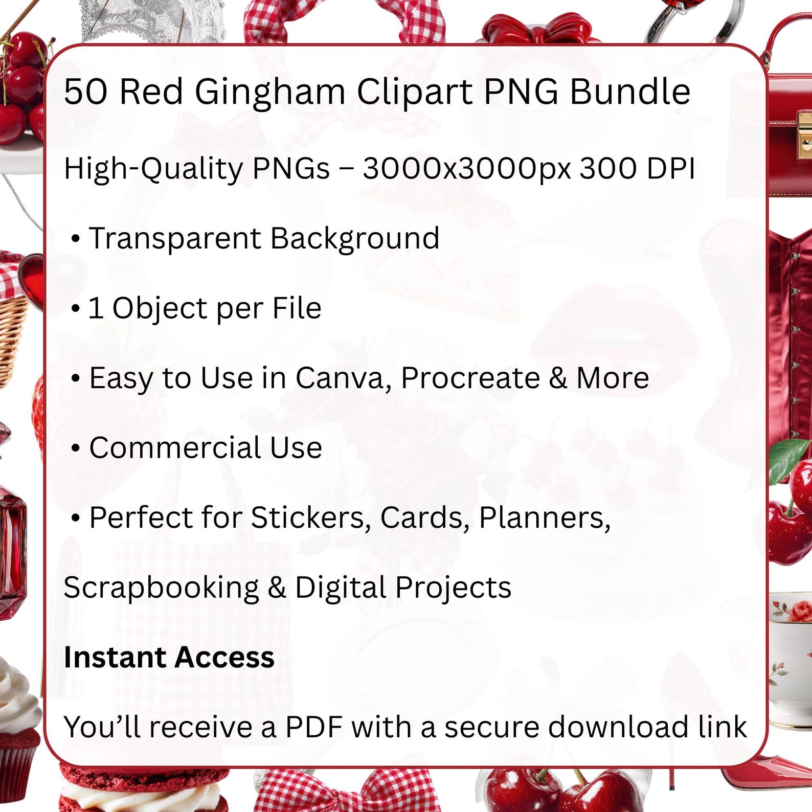 50 Red Gingham Clipart PNG Bundle, Cottagecore Scrapbook Stickers ...