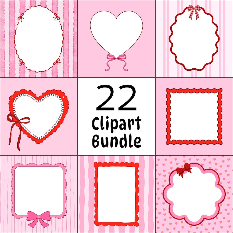 Coquette Frames Clipart PNG Bundle, Pink Valentine Heart Frames, Girly ...