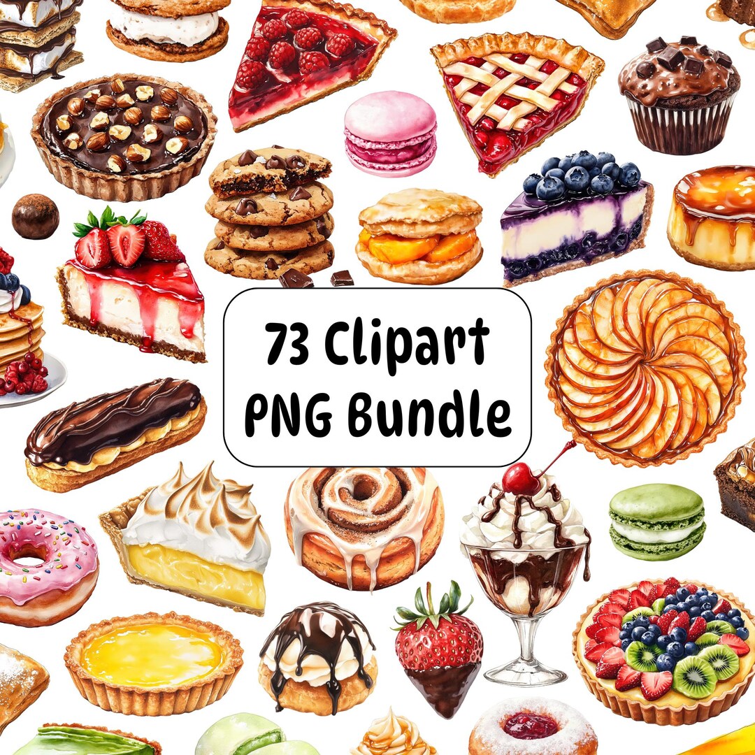 Watercolor Dessert Clipart PNG Bundle, Bakery Sweets (digital Download ...