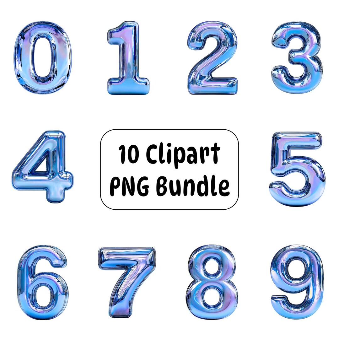 10 Blue Numbers Clipart PNG Bundle, Metallic 3D Numbers, Digital ...