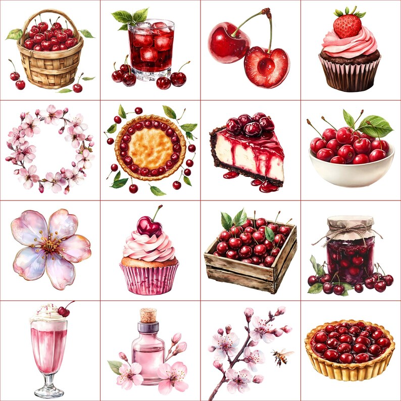 25 Watercolor Cherry Clipart Bundle, Cherry PNG, Food Watercolor ...