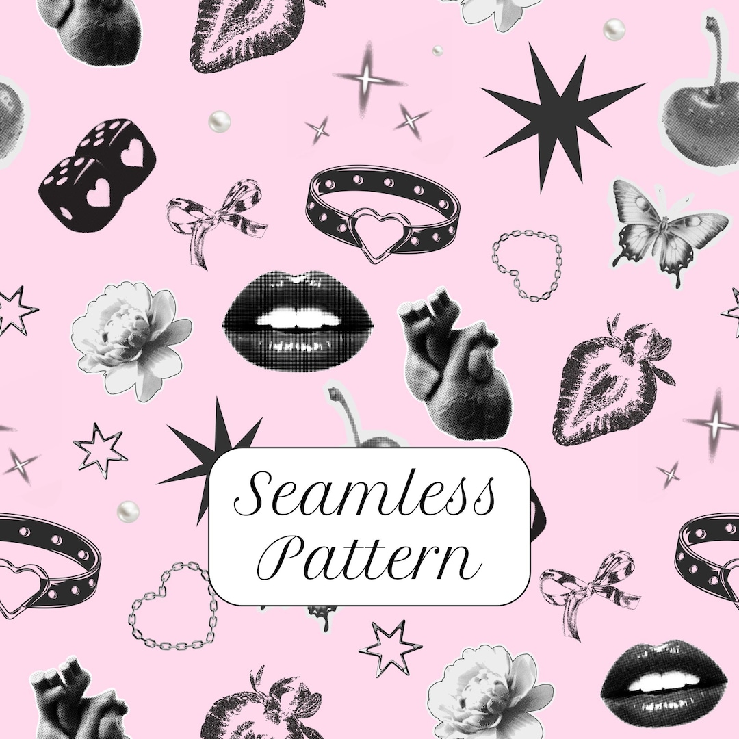 Y2K Pink Goth Coquette Seamless Pattern, Black Lips, Cherries, Hearts ...