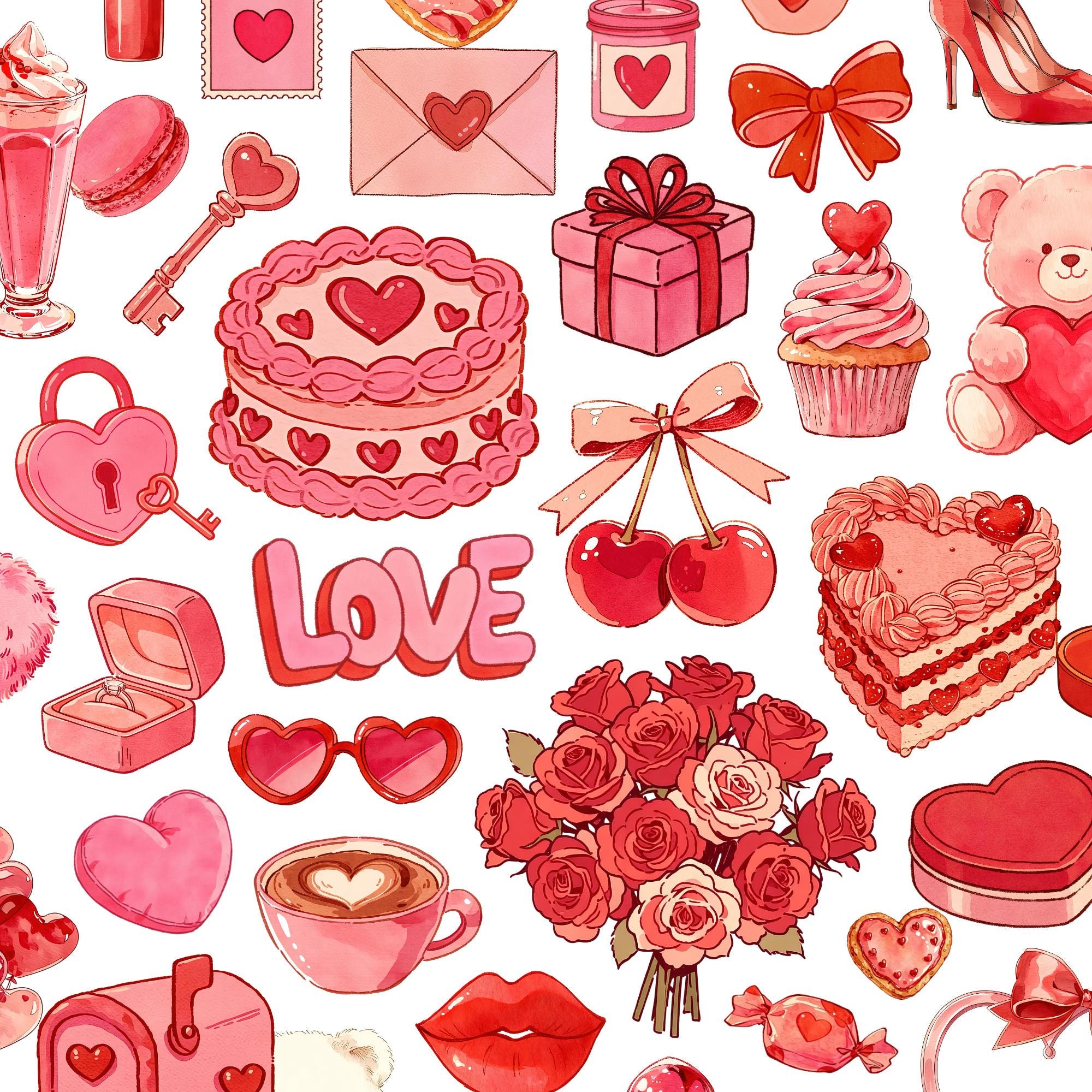 60 Valentine’s Day Clipart PNG Bundle, Hand Drawn Watercolor Love ...