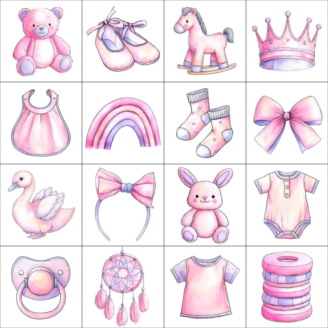 50 Baby Girl Clipart PNG Bundle, Watercolor Nursery Clipart, Pink ...