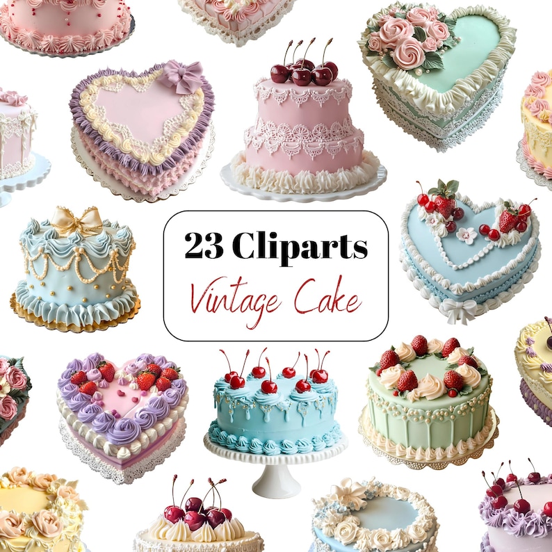Vintage Cake Clipart Bundle - 23 Retro Birthday Cakes PNG, Coquatte ...