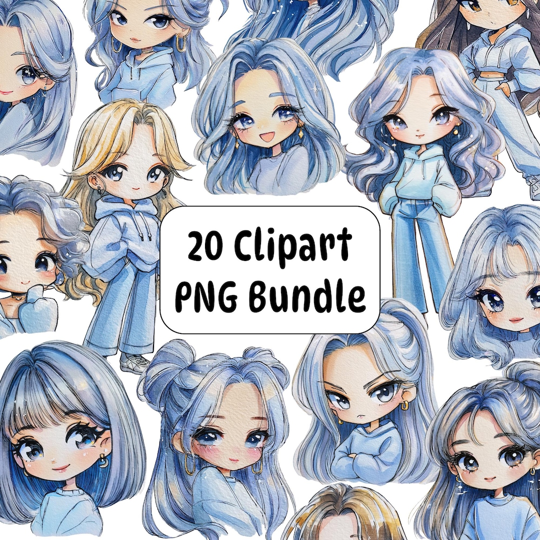 20 Chibi Doll Clipart PNG Bundle, Blue Girls, Kawaii Digital Stickers ...