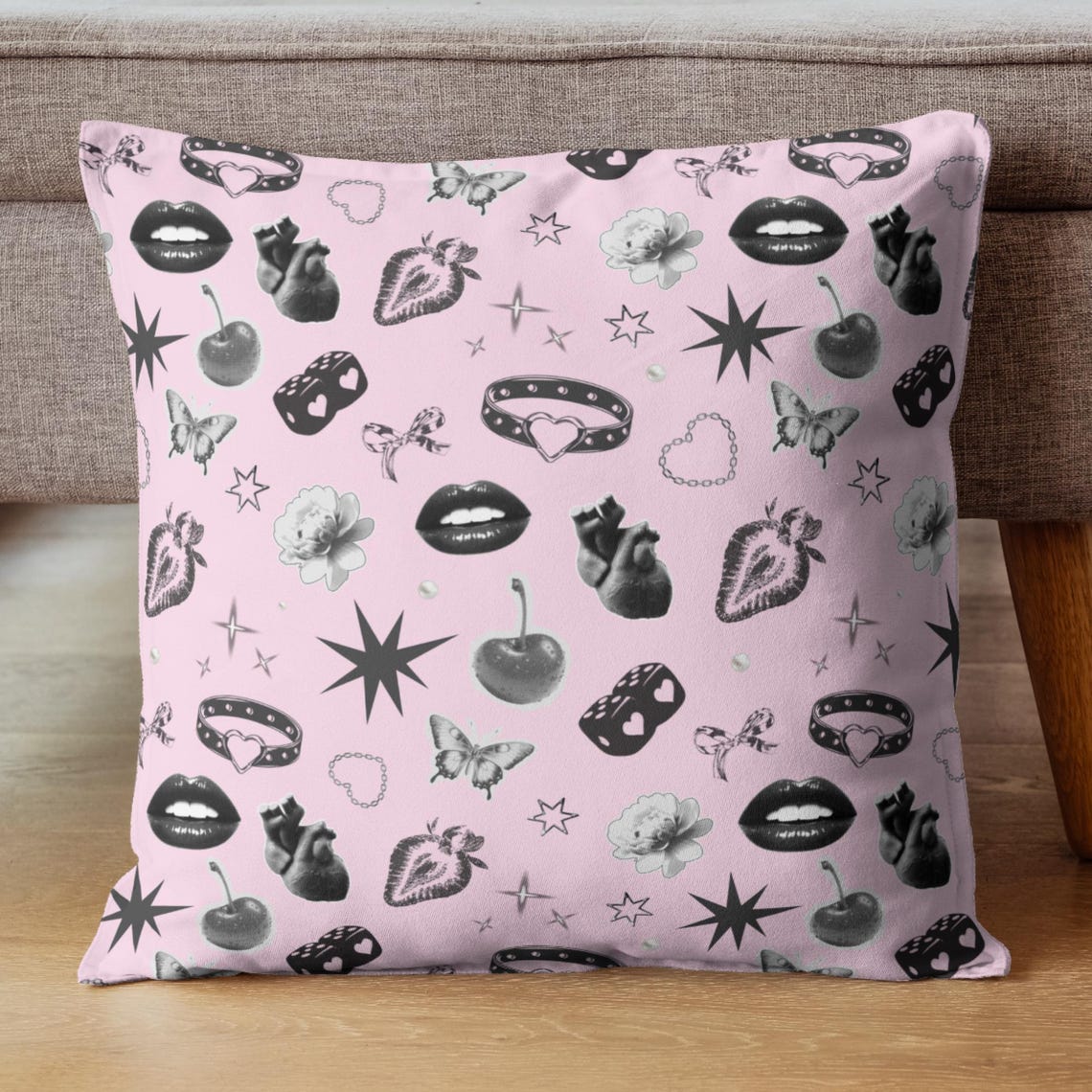 Y2K Pink Goth Coquette Seamless Pattern, Black Lips, Cherries, Hearts ...
