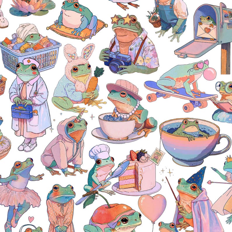 Cute Frog Clipart PNG Bundle, Aesthetic Kawaii Frog Stickers With ...