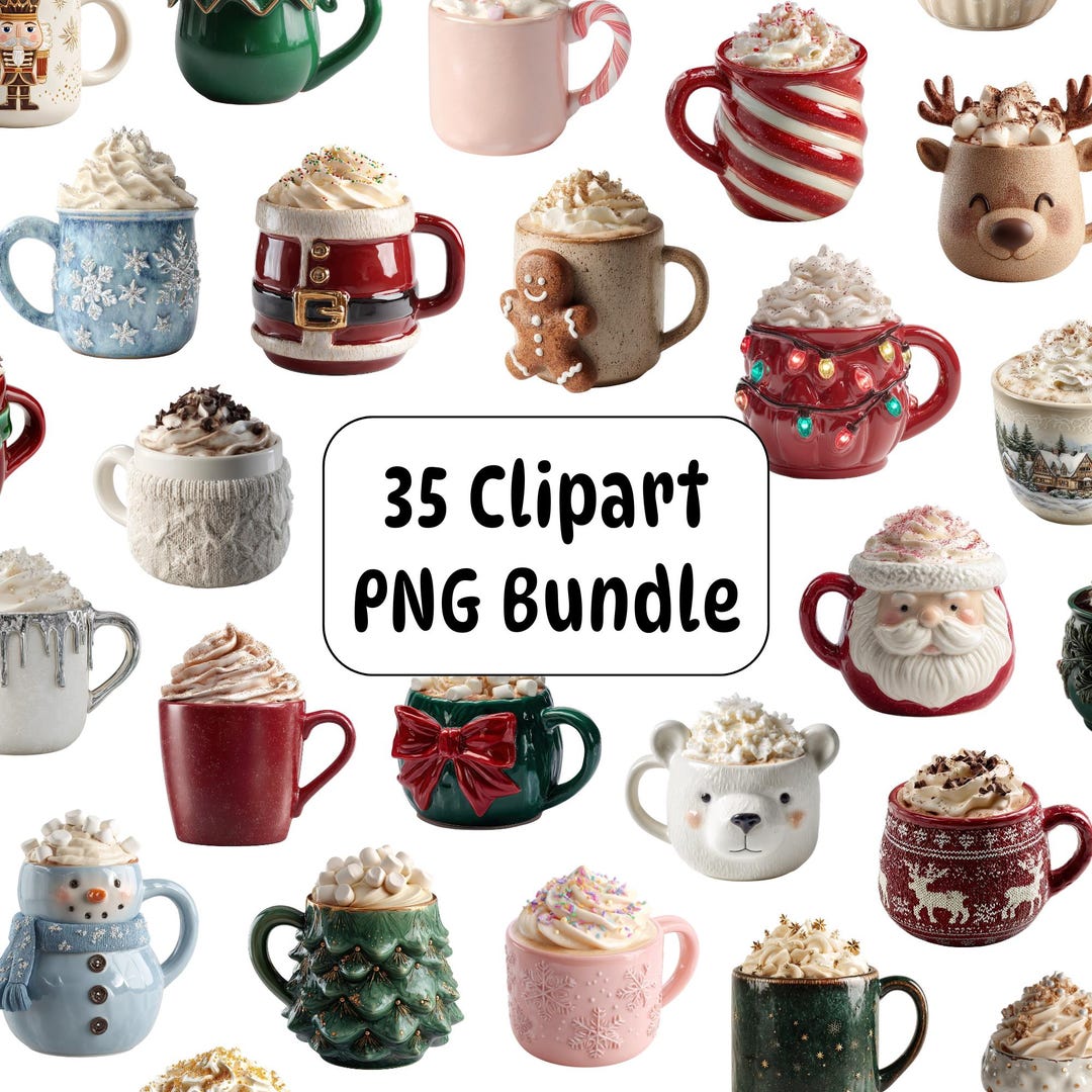 35 Christmas Mug Clipart PNG Bundle, Hot Cocoa Cups, Holiday Coffee ...