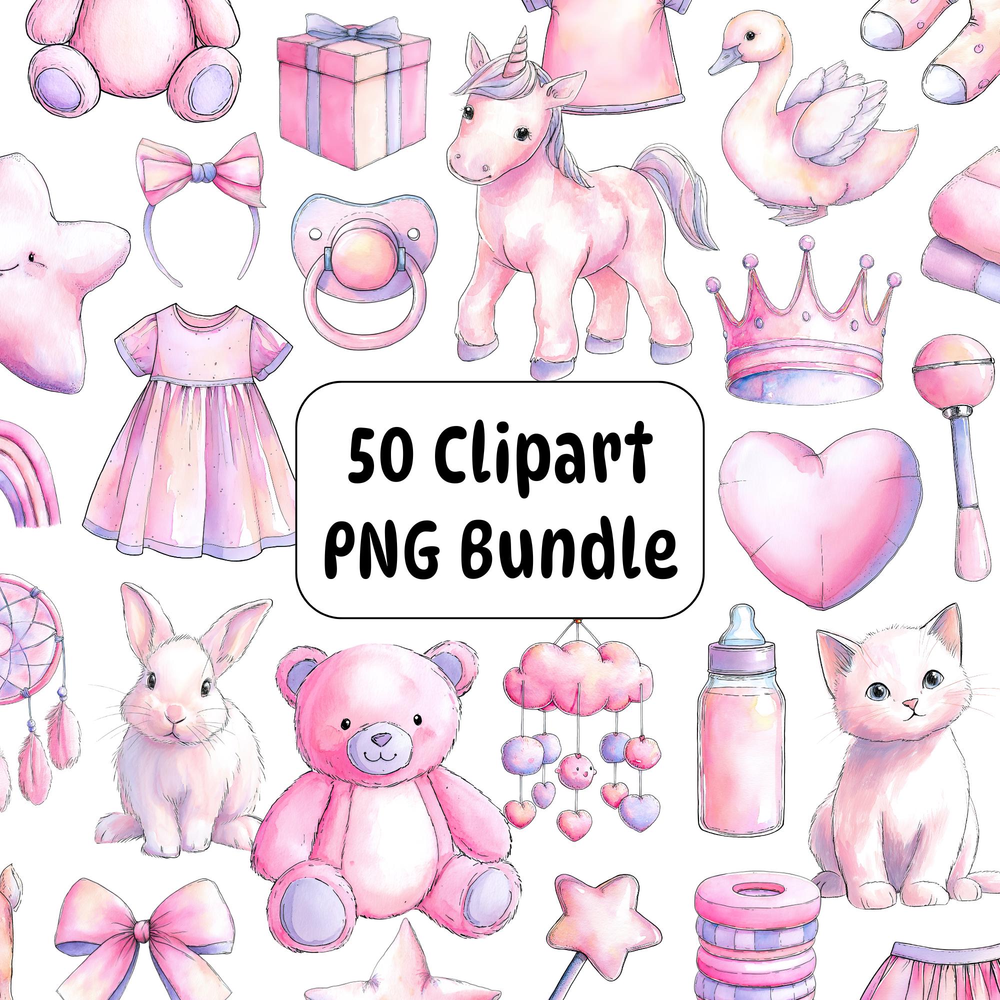 50 Baby Girl Clipart PNG Bundle, Watercolor Nursery Clipart, Pink ...