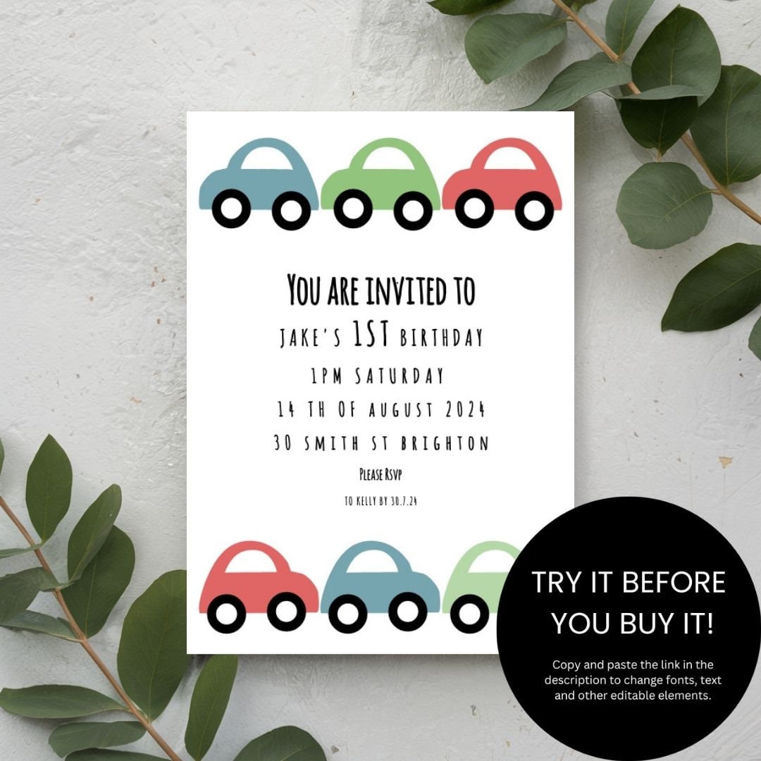 Cars Theme Kids Party Invitation, Editable Template, DIGITAL DOWNLOAD ...