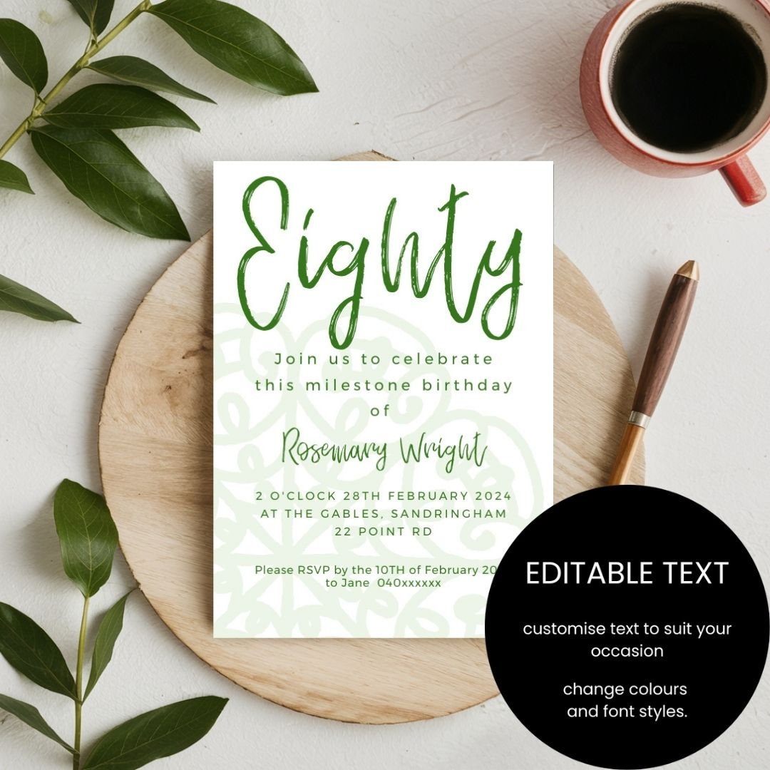 Editable 80th Birthday Invitation Digital Download Customise Your