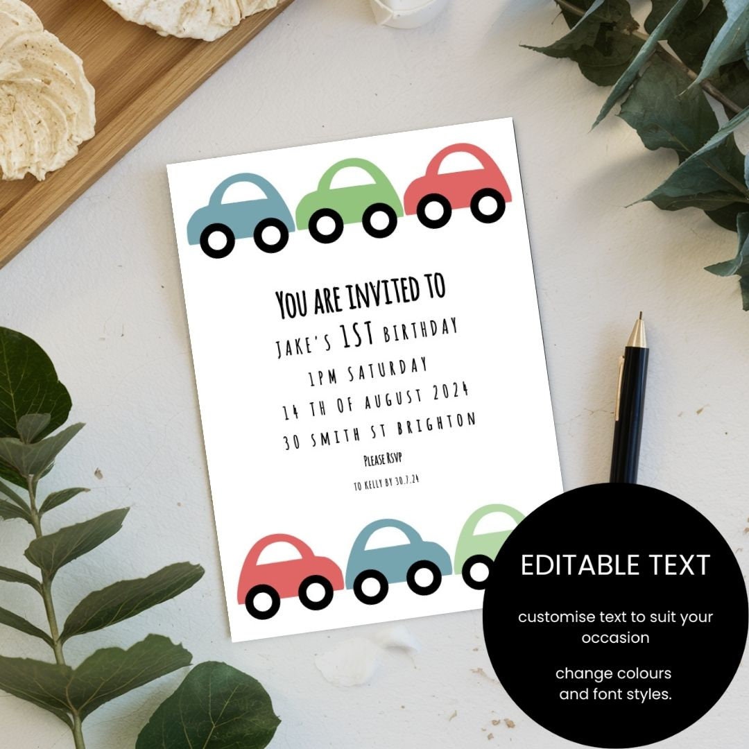 Cars Theme Kids Party Invitation, Editable Template, DIGITAL DOWNLOAD ...
