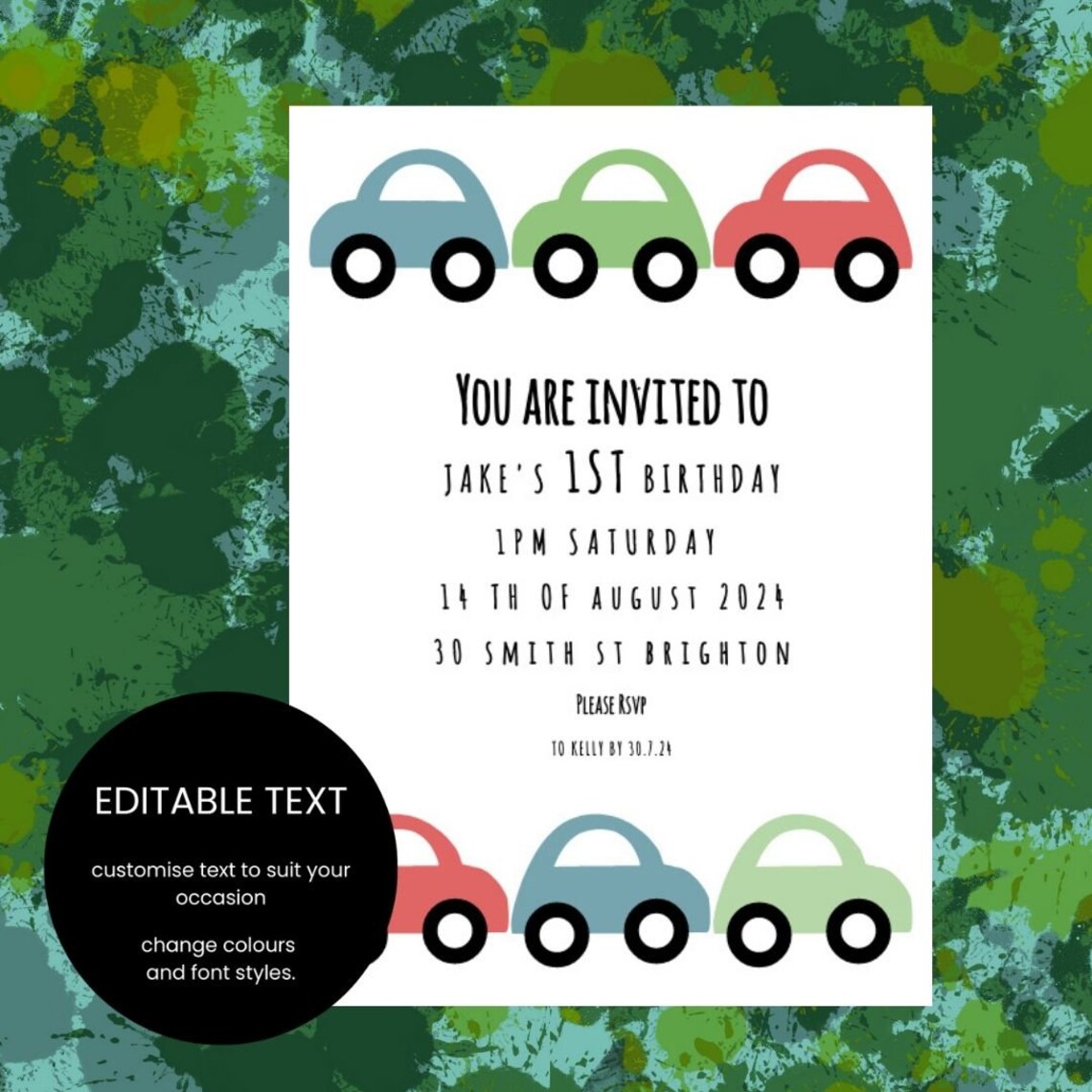 Cars Theme Kids Party Invitation, Editable Template, DIGITAL DOWNLOAD ...