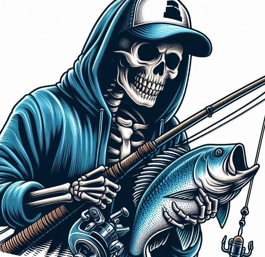 Skeleton Fisherman PNG: Bass Fishing Sublimation Design (digital ...