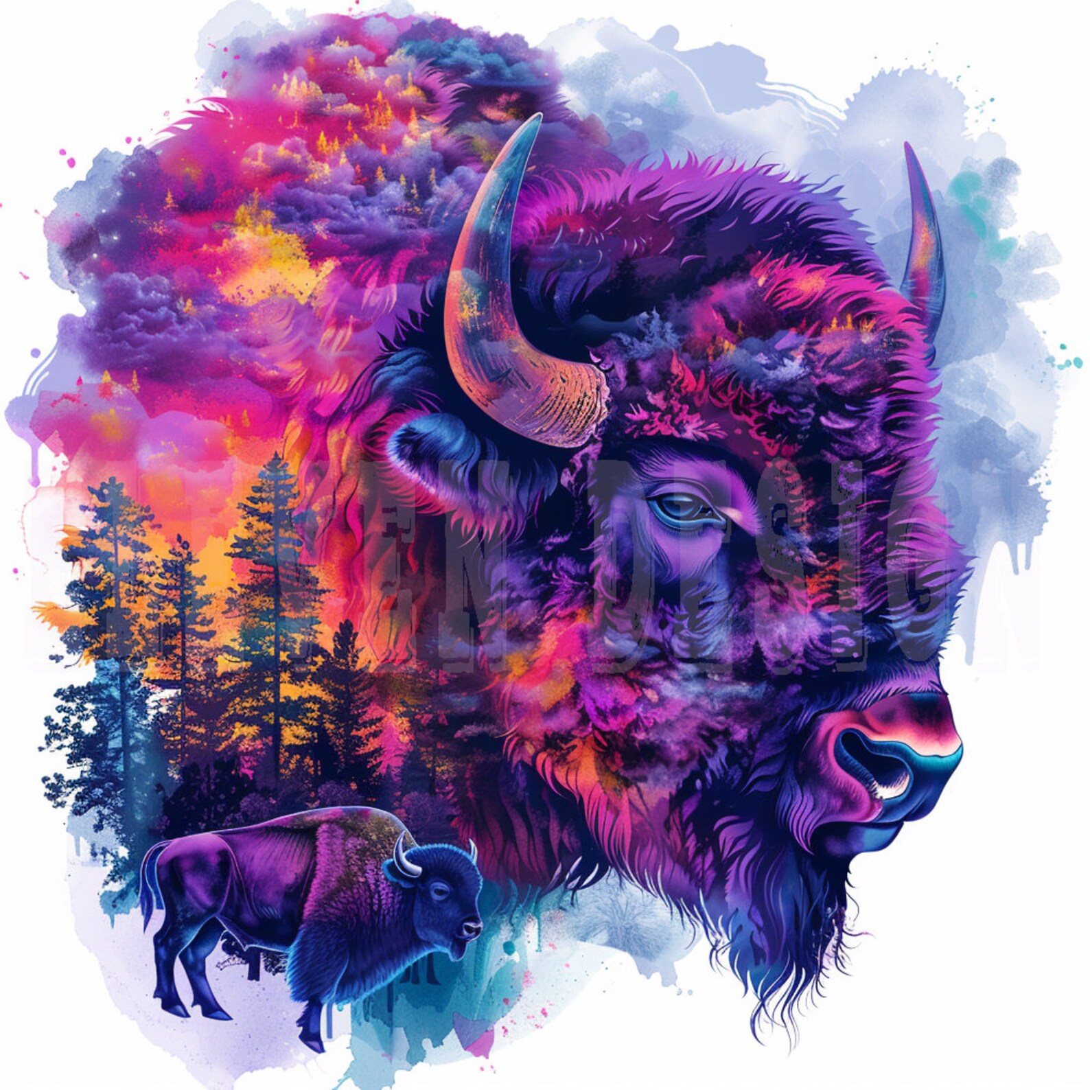 Vintage Neon Colors Bison Camouflage Graphic Transparent Background ...