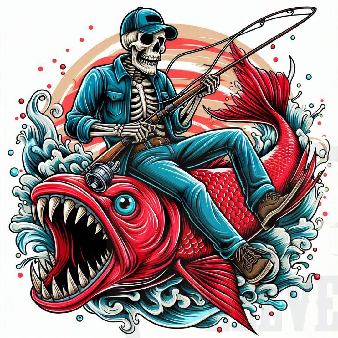 Skeleton Fisherman Riding Giant Fish | Fishing T-shirt Design | Fishing ...