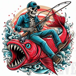 Skeleton Fisherman Riding Giant Fish | Fishing T-shirt Design | Fishing ...