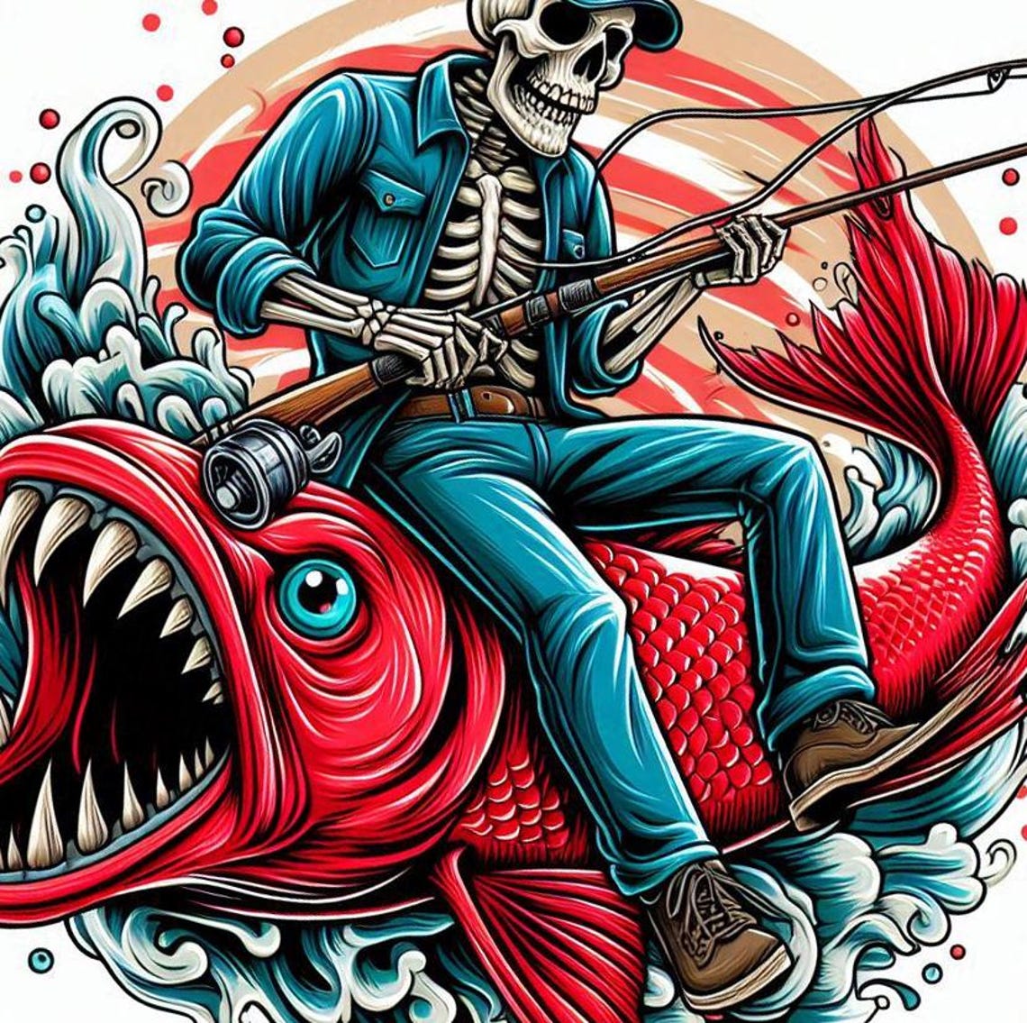 Skeleton Fisherman Riding Giant Fish | Fishing T-shirt Design | Fishing ...