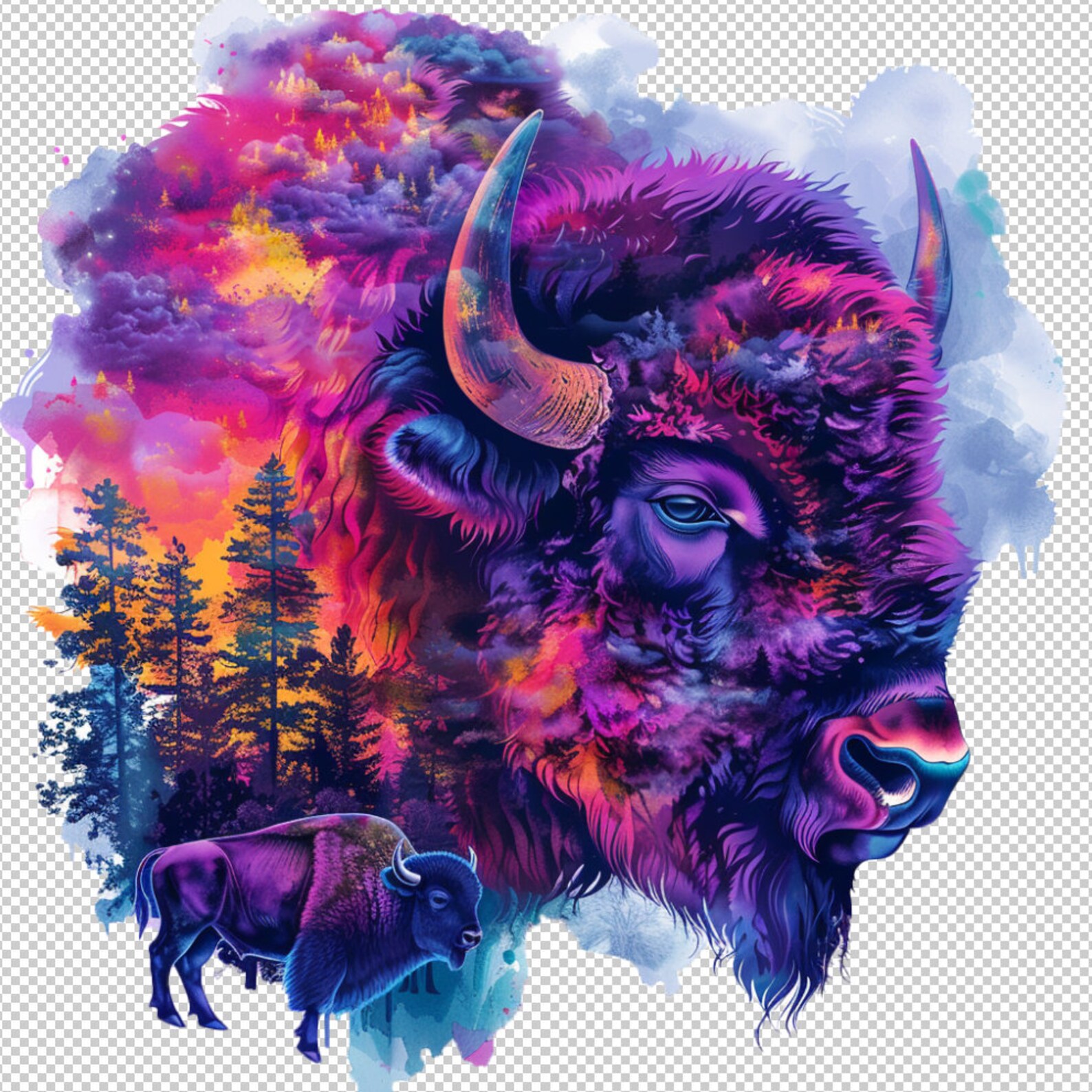 Vintage Neon Colors Bison Camouflage Graphic Transparent Background ...
