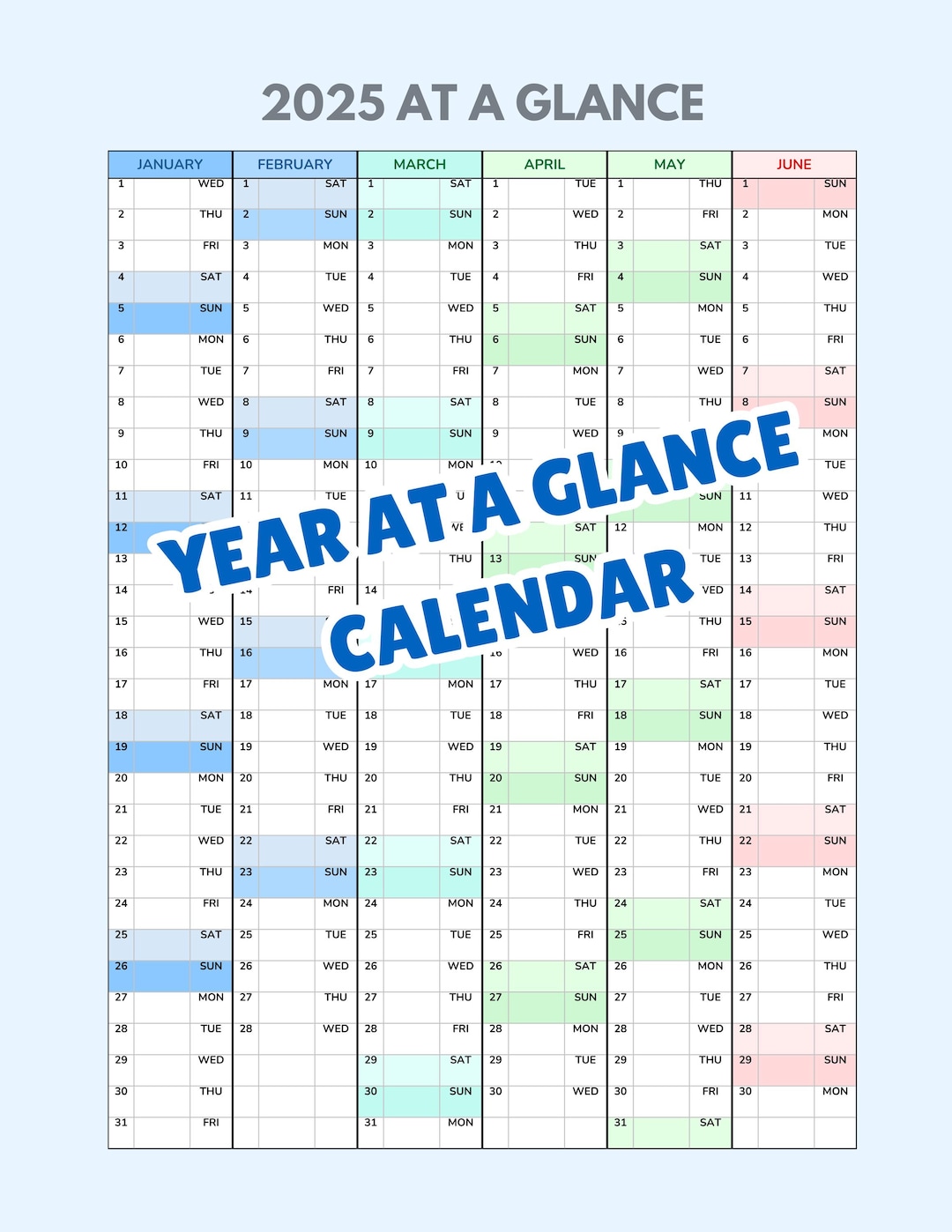 Year at A Glance Printable Calendar - Etsy