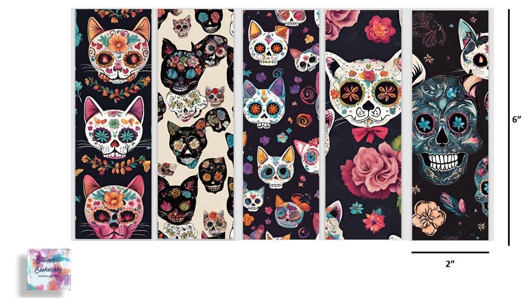 Five Printable Cat Sugar Skull Bookmarks. Each Bookmark Features ...