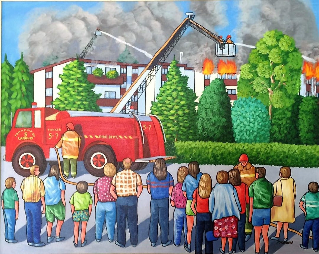 Langley Fire Painting: Naive Folk Art, Original Acrylic Canvas (30x24 ...