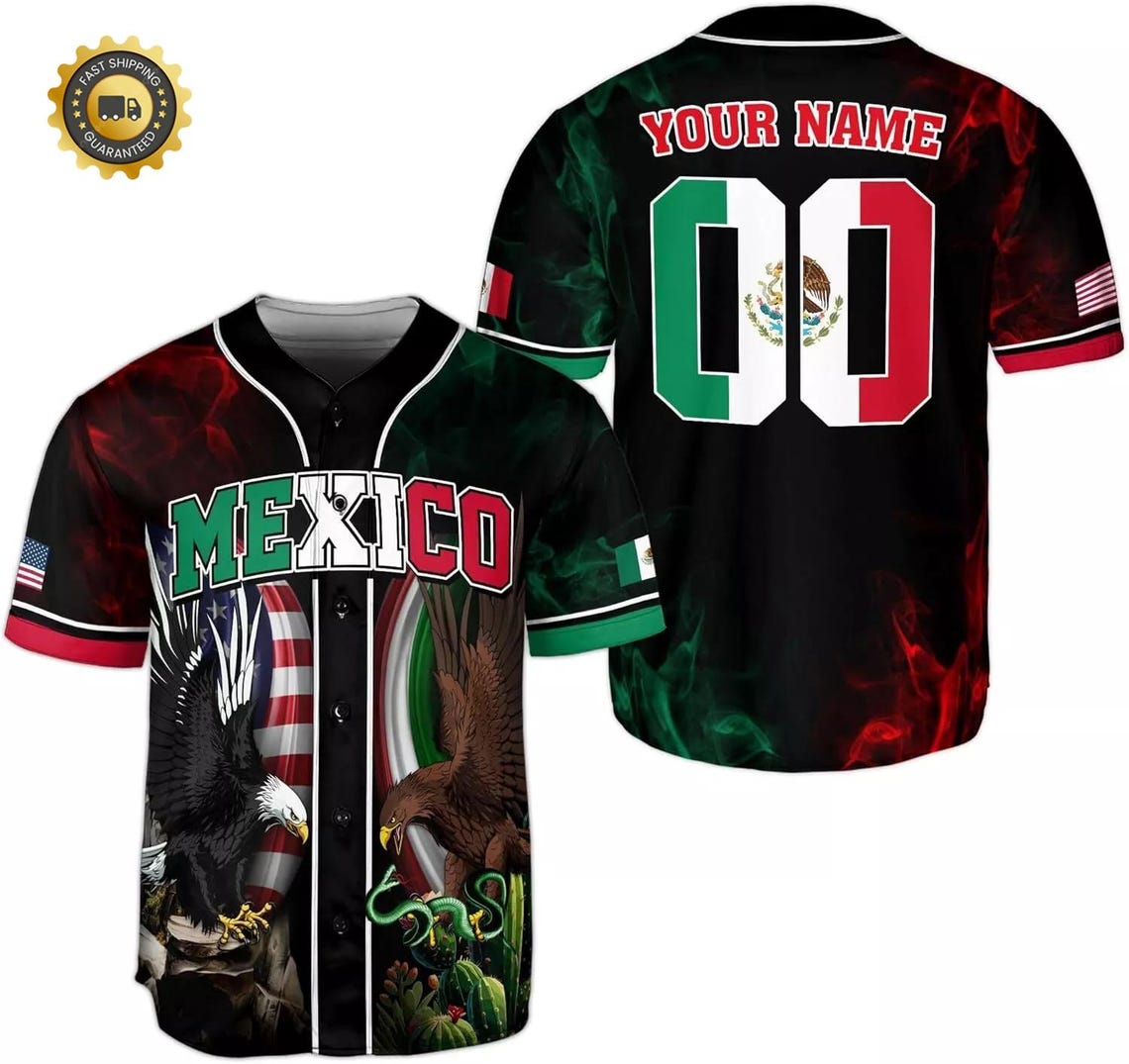 Mexico Personalized Baseball Jersey - Mexican Eagle & Flag Pride Team ...