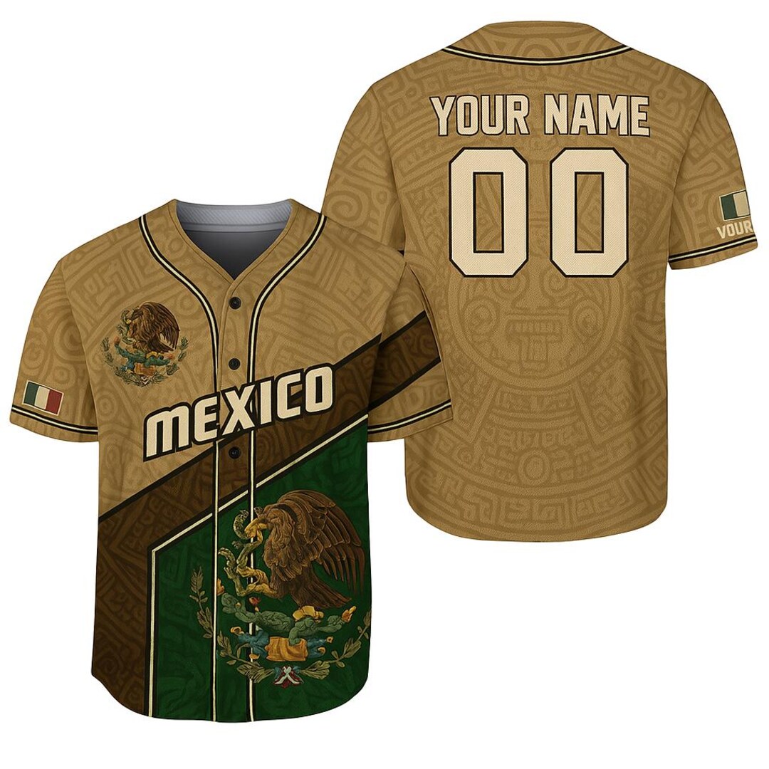 Custom Gold Mexico Baseball Jersey - 3D Aztec Eagle Shirt ...