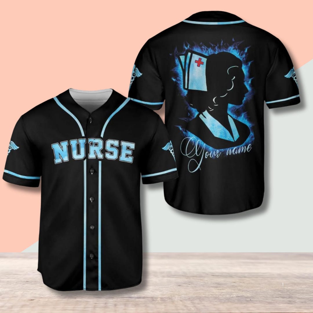 Personalized Nurse Baseball Jersey, Custom Name Black Blue Piped RN ...