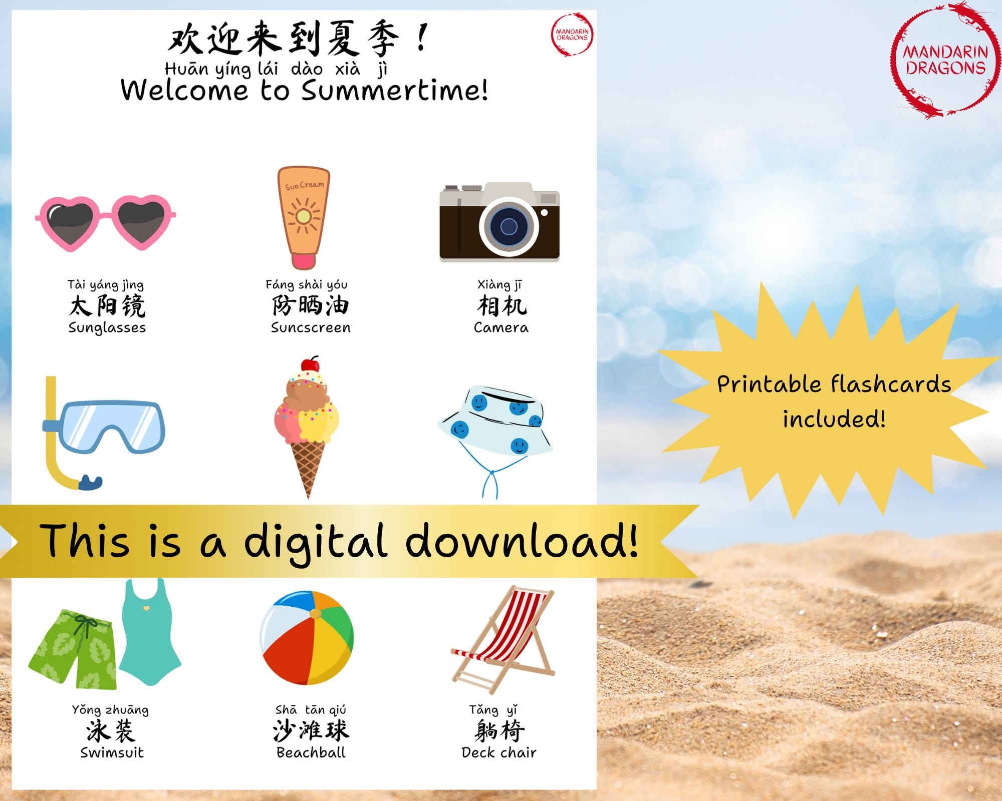 Mandarin Chinese Learning Poster Welcome to Summertime. Simplified ...