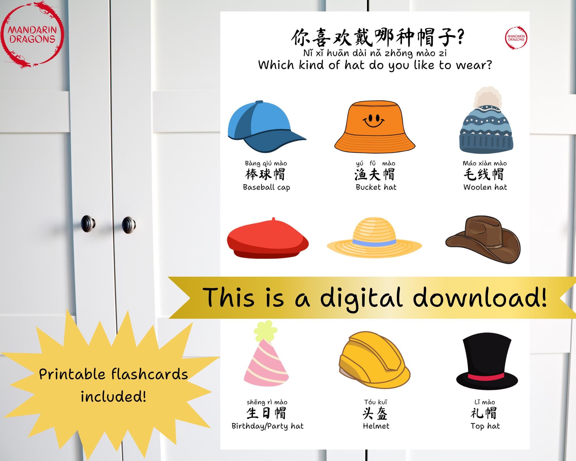 Mandarin Chinese Learning Poster - Hats. Simplified Mandarin Homeschool ...