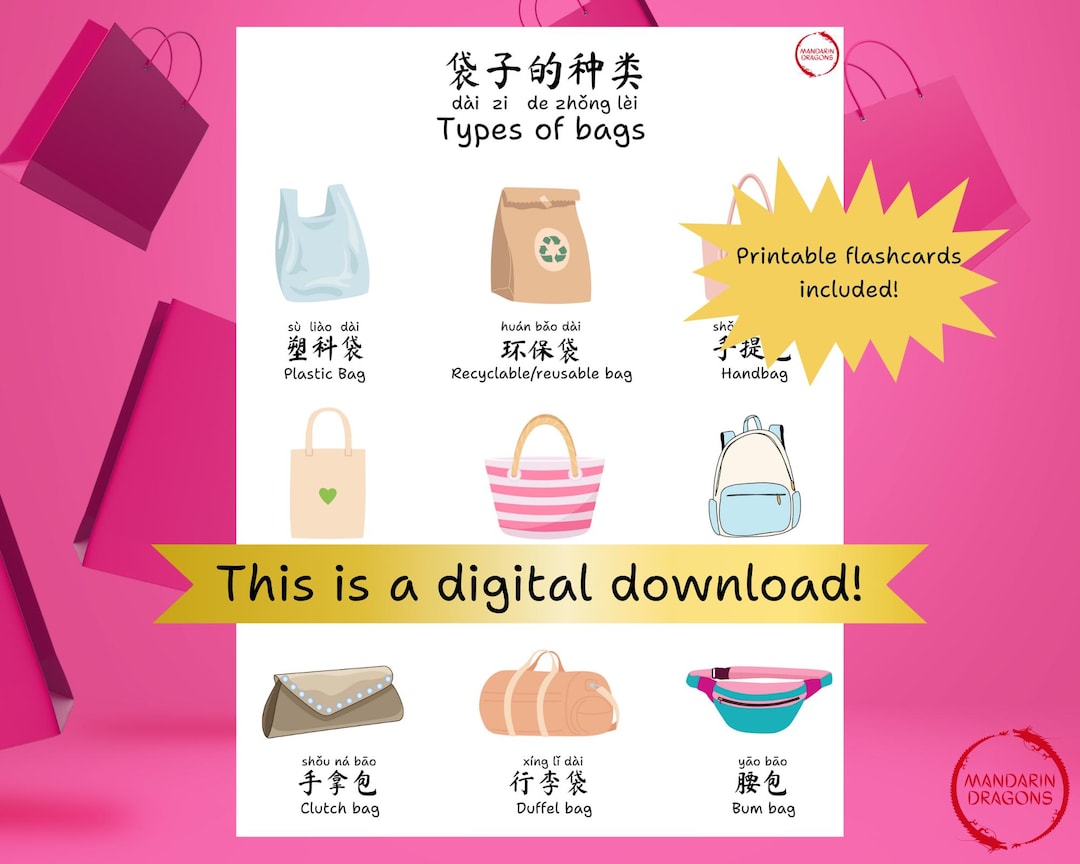Mandarin Chinese Learning Poster - Types of Bags. Simplified Mandarin ...
