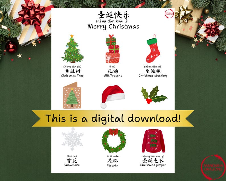 Mandarin Chinese Learning Poster Merry Christmas. Simplified Mandarin ...