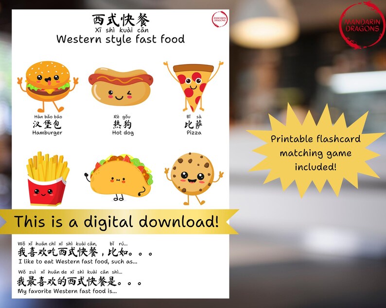 Mandarin Chinese Learning Poster Western Style Fast Food. Simplified ...