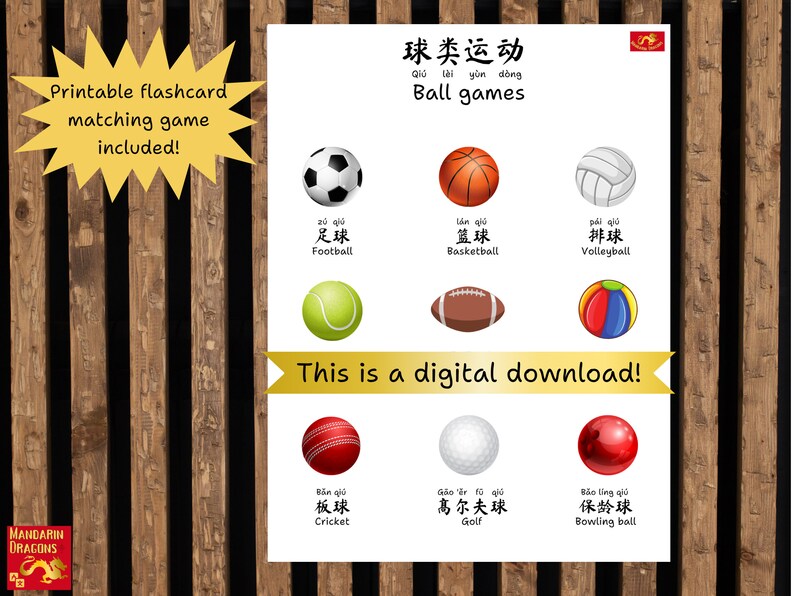Chinese Learning Poster Ball Games. Simplified Mandarin Homeschool ...