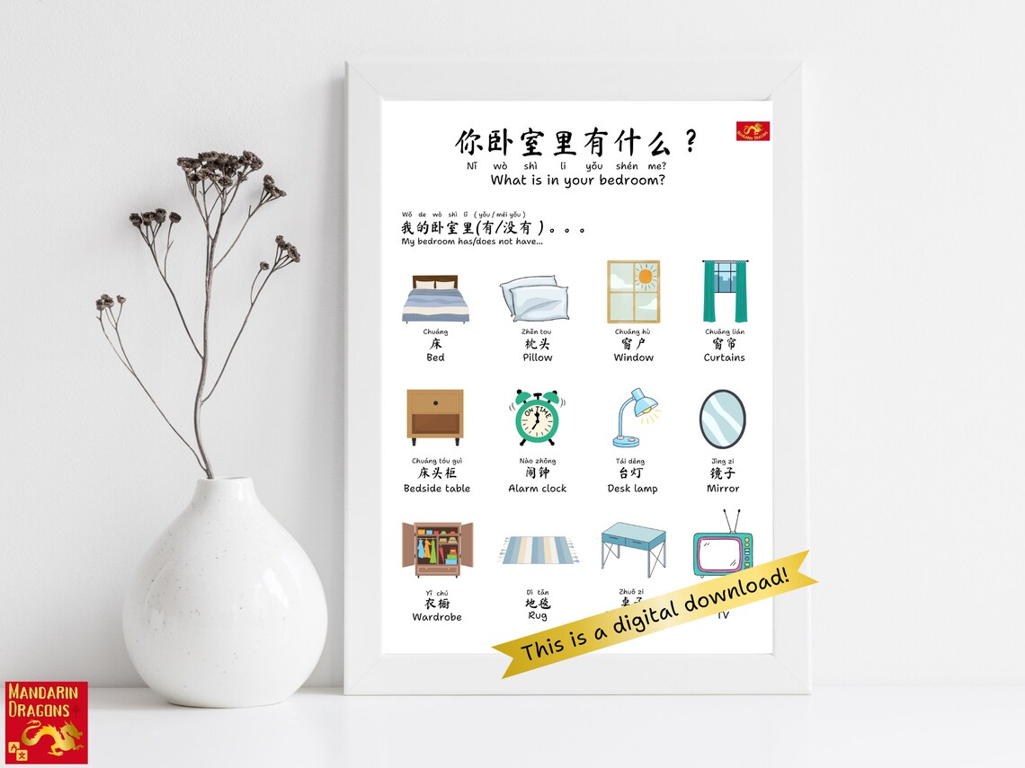 Chinese Learning Poster What is in Your Bedroom Simplified Mandarin ...