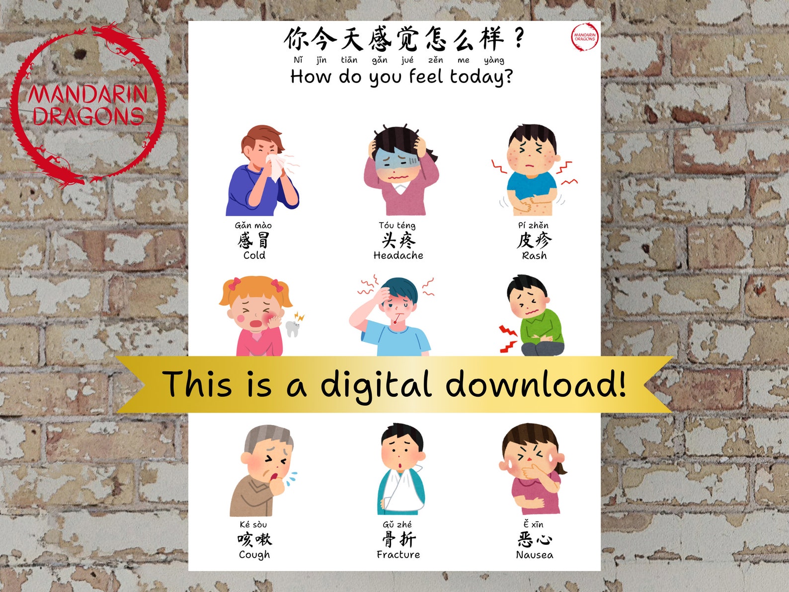 Mandarin Chinese Learning Poster - How Do You Feel Today? Simplified ...
