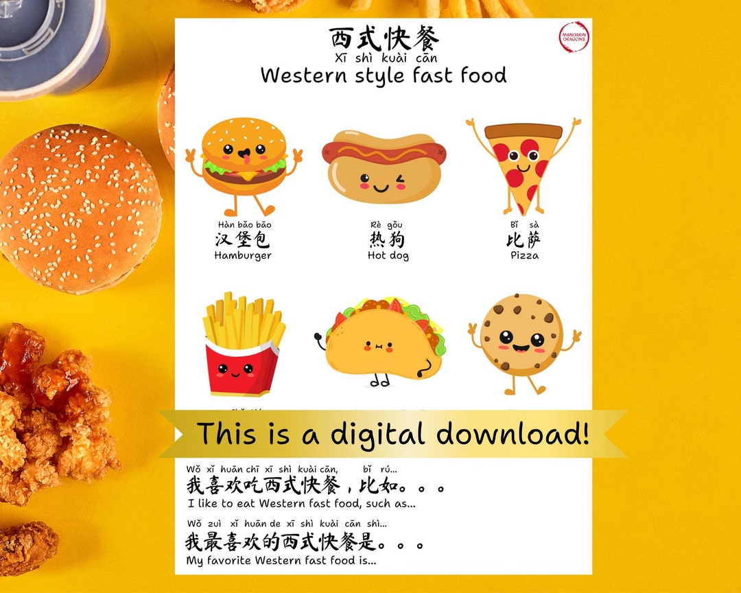 Mandarin Chinese Learning Poster Western Style Fast Food. Simplified ...