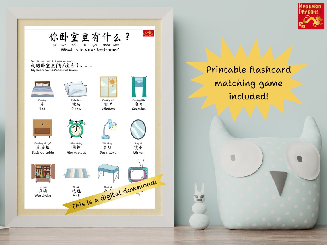 Chinese Learning Poster What is in Your Bedroom Simplified Mandarin ...