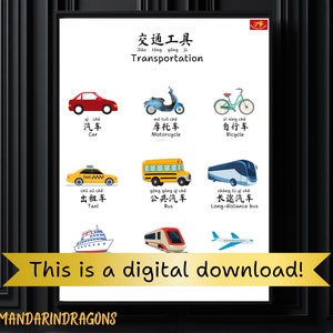 Chinese Learning Poster - Transportation. Simplified Mandarin ...