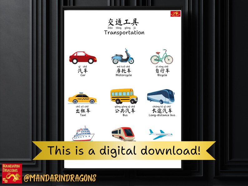Chinese Learning Poster - Transportation. Simplified Mandarin ...