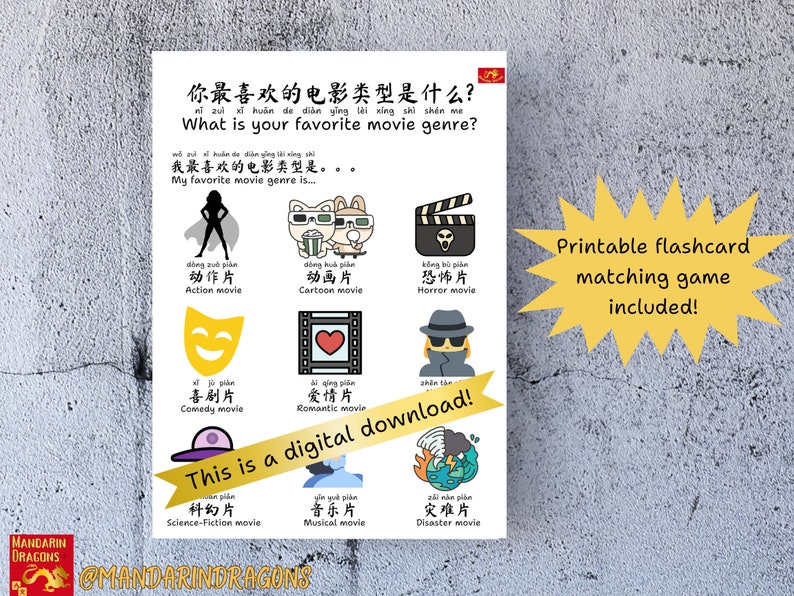 Mandarin Chinese Learning Poster What is Your Favorite Movie Genre ...