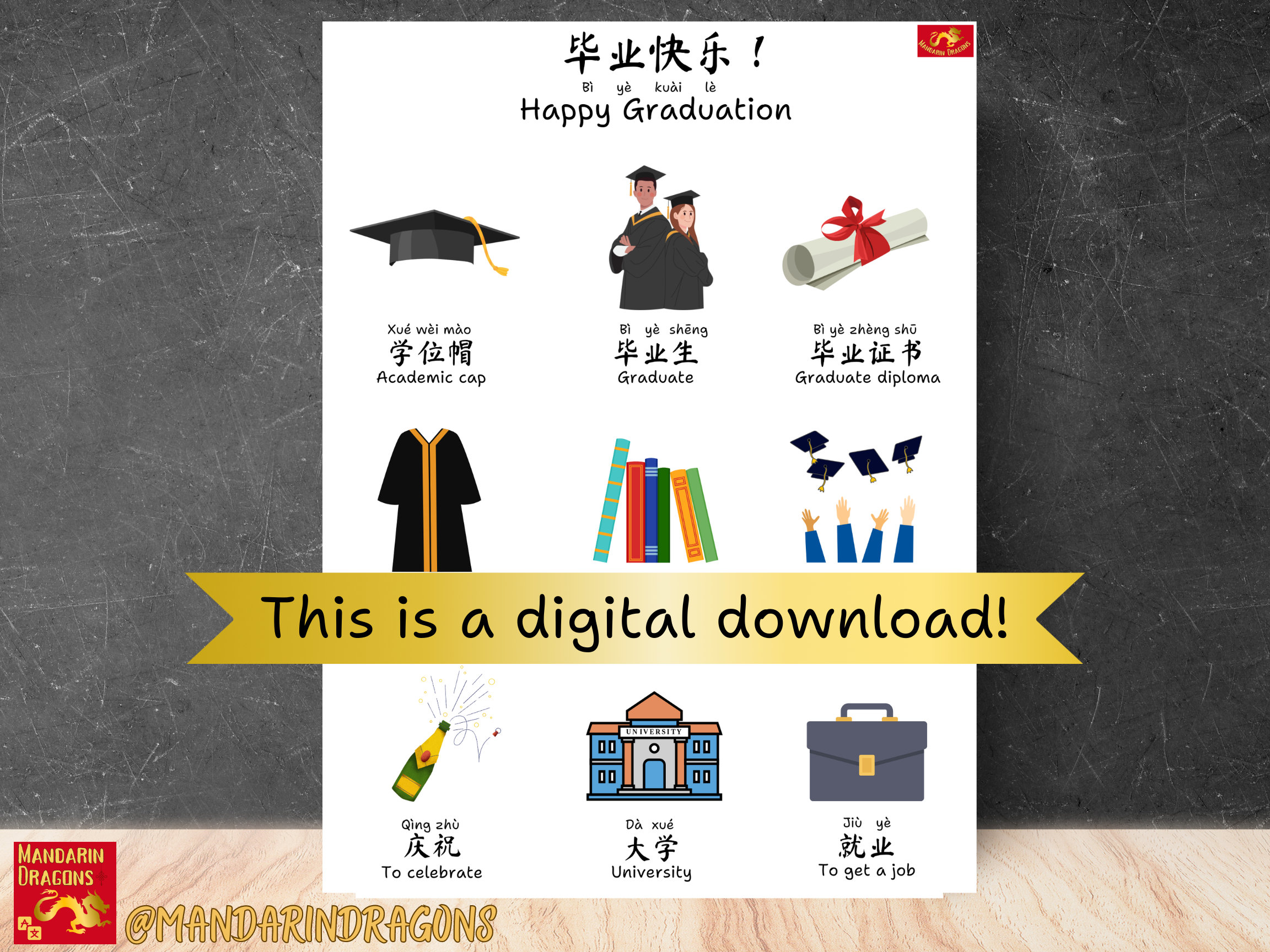 Mandarin Chinese Learning Poster - Happy Graduation. Simplified ...