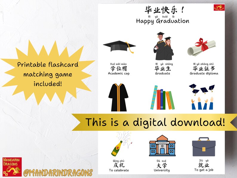 Mandarin Chinese Learning Poster - Happy Graduation. Simplified ...