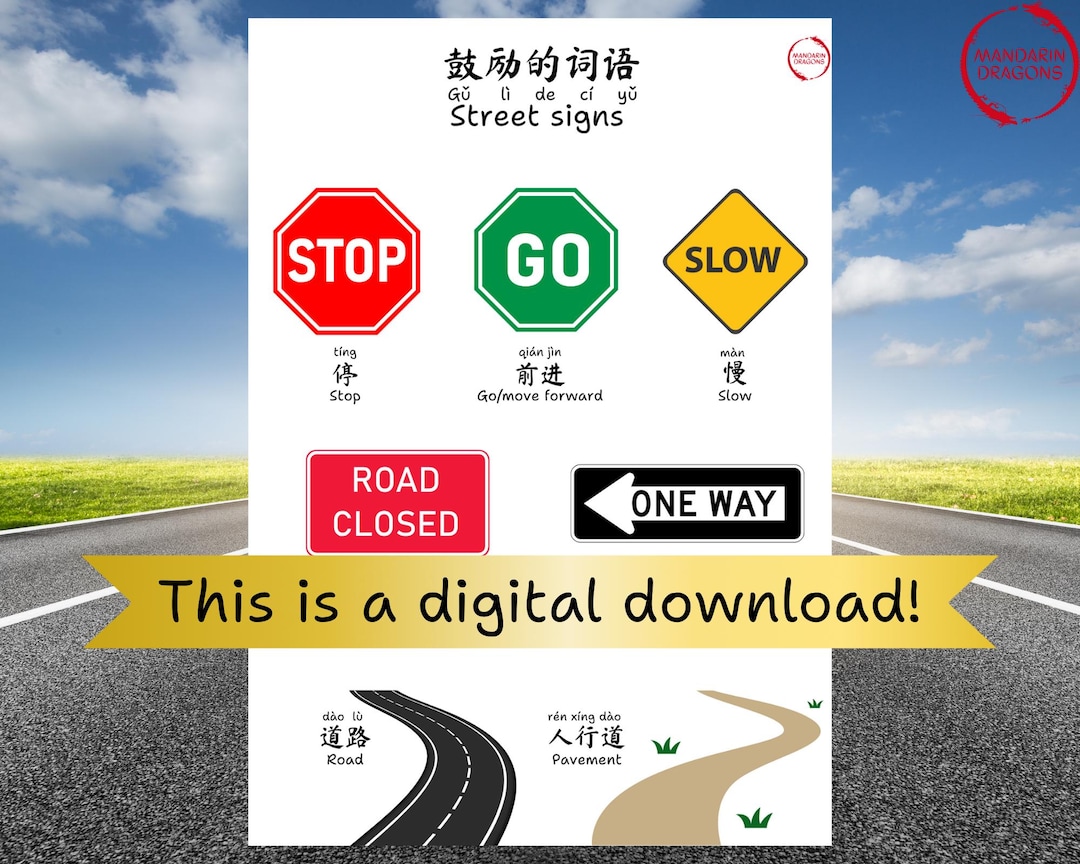 Mandarin Chinese Learning Poster - Street Signs. Simplified Mandarin ...